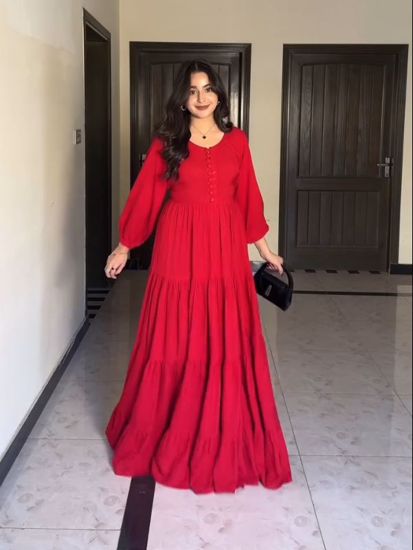 VASTRAMANIAA Women's Red Rayon Tiered Long Dress